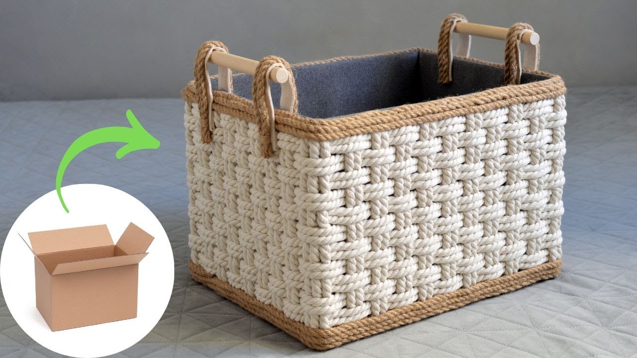 How to make a rope storage basket from a cardboard box: easy tutorial ...