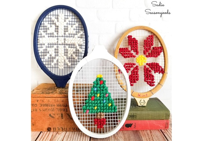 Vintage tennis racket Christmas cross stitch DIY - Crafts on display