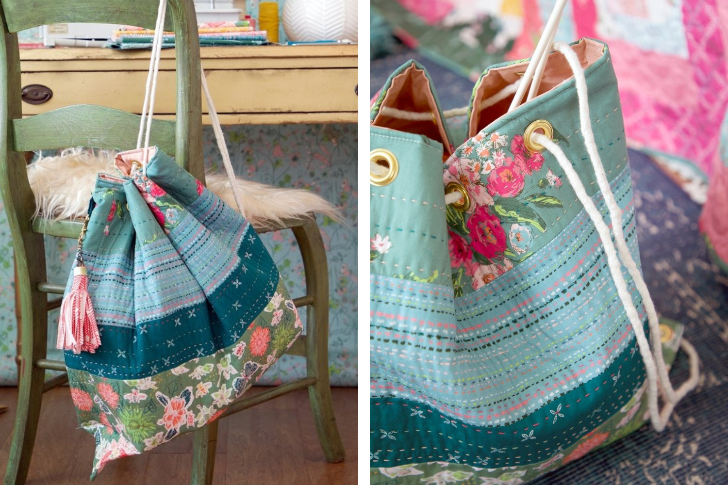 Quilted drawstring bag pattern: hand-quilted tote with pockets - Crafts on display