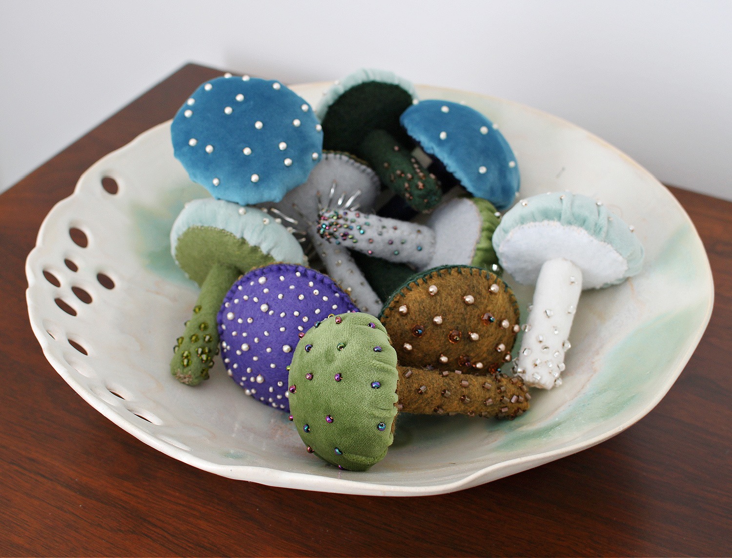 Hand-sewn fabric mushrooms - Crafts on display